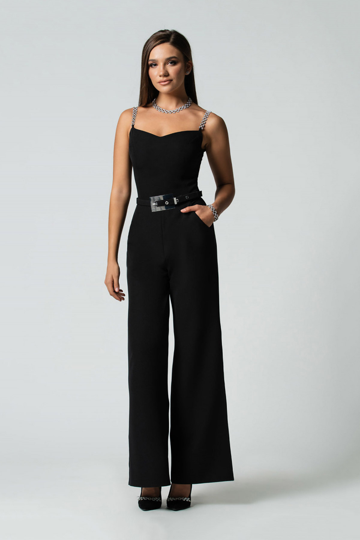 Svečani crni kombinezon sa perjem | Modna kuća Luna