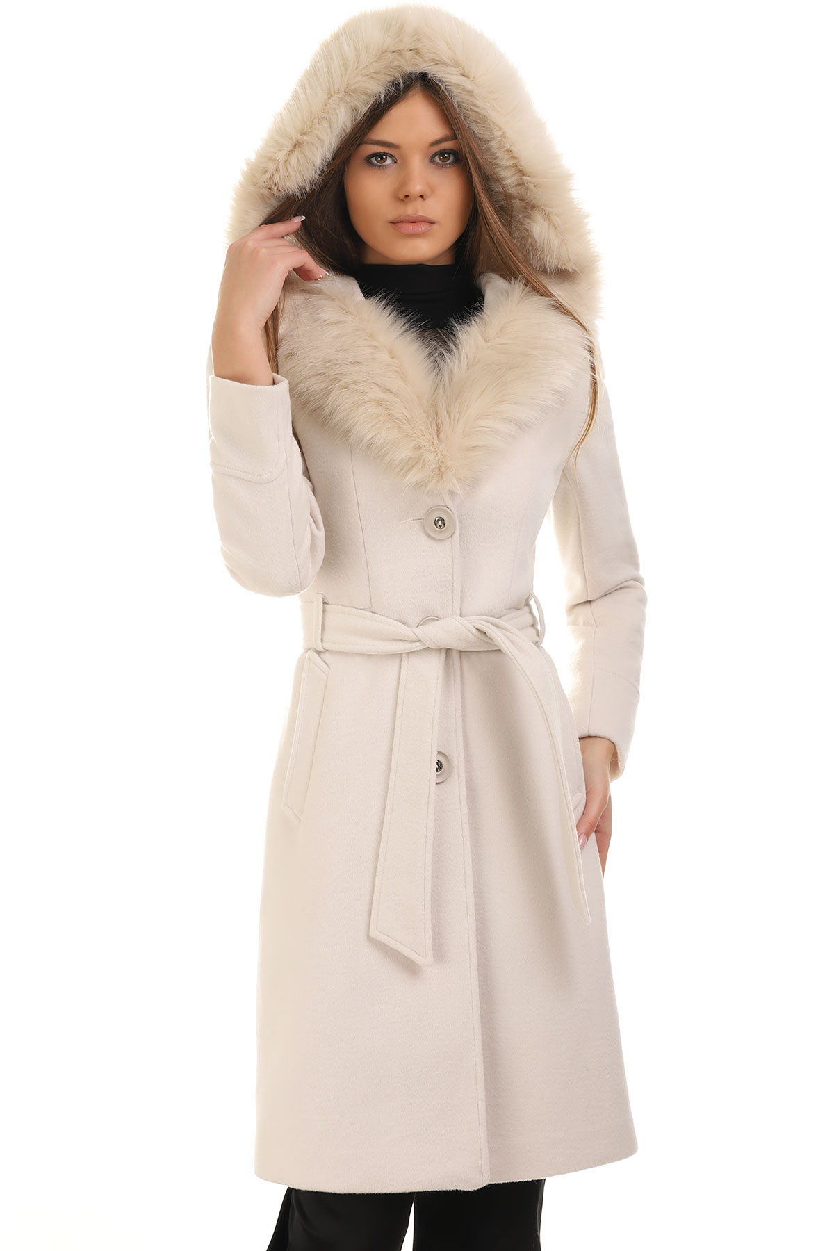 Beli Ženski Kaput sa Kapuljačom i Eko Krznom | Modna kuća Luna