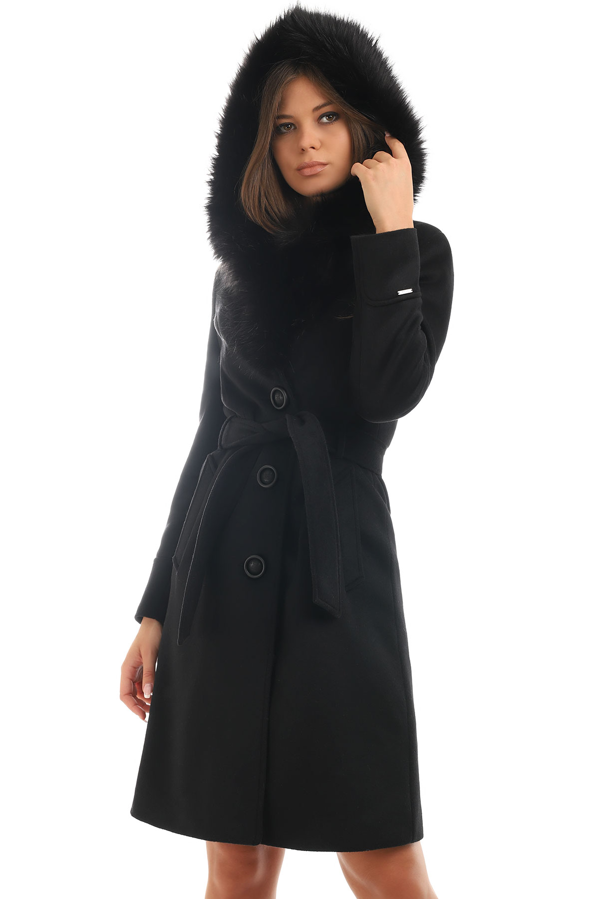 Crni Ženski Kaput sa Kapuljačom i Eko Krznom | Modna kuća Luna